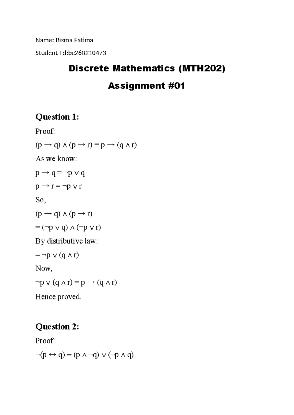 Discrete Mathematics (MTH202) Assignment Proofs and Validity - Studocu