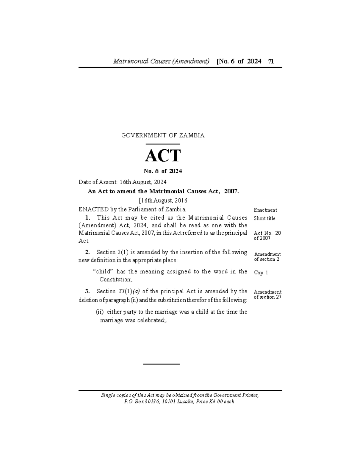 Matrimonial Causes (Amendment) Act No. 6 of 2024 - Zambia - Studocu