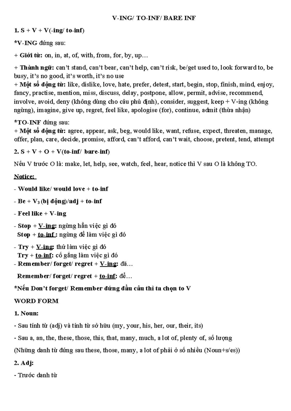 V-ING, TO-INF, and BARE INF Usage in English Grammar - Studocu