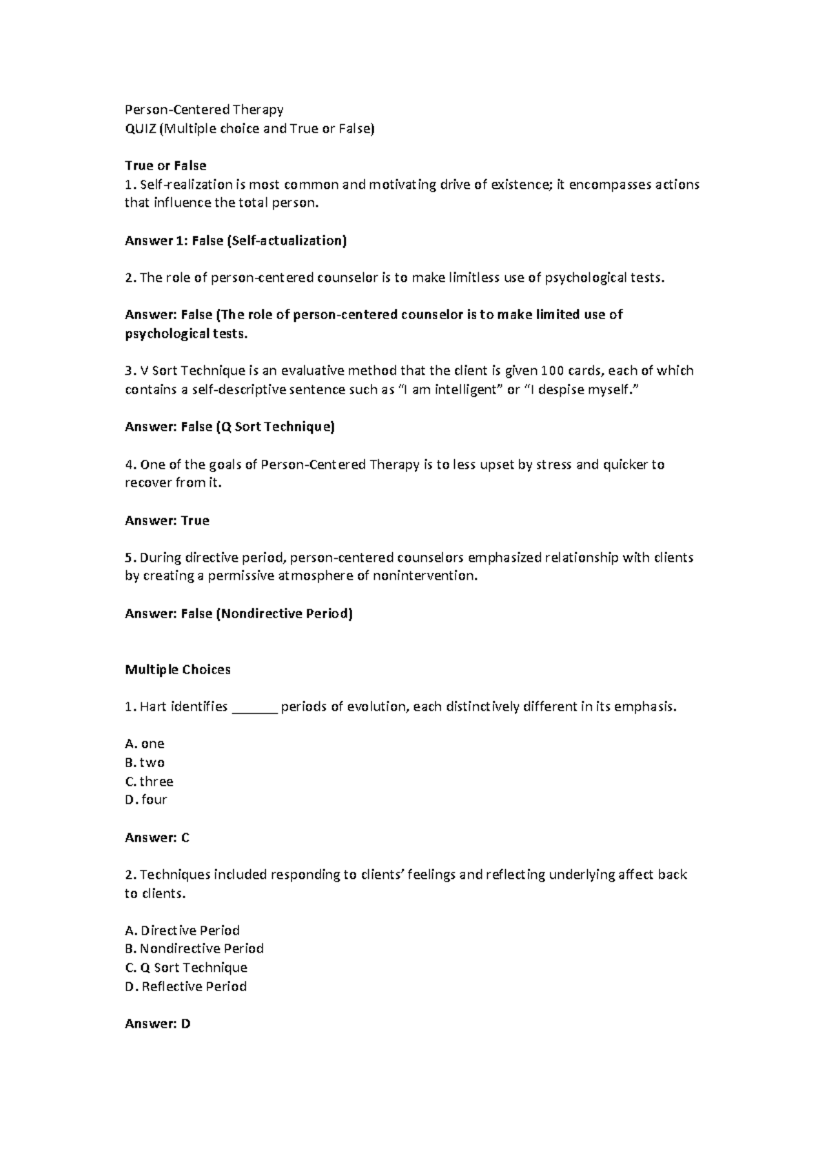 Therapy QUIZ (PC 101): MCQs & True/False Questions - Studocu
