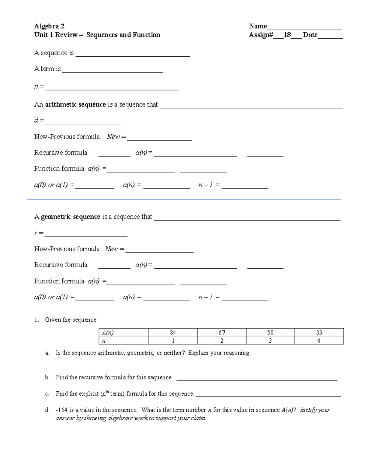 Unit 1 Review 23 25 - FDSasf - Algebra 2 Name_____________________ Unit ...
