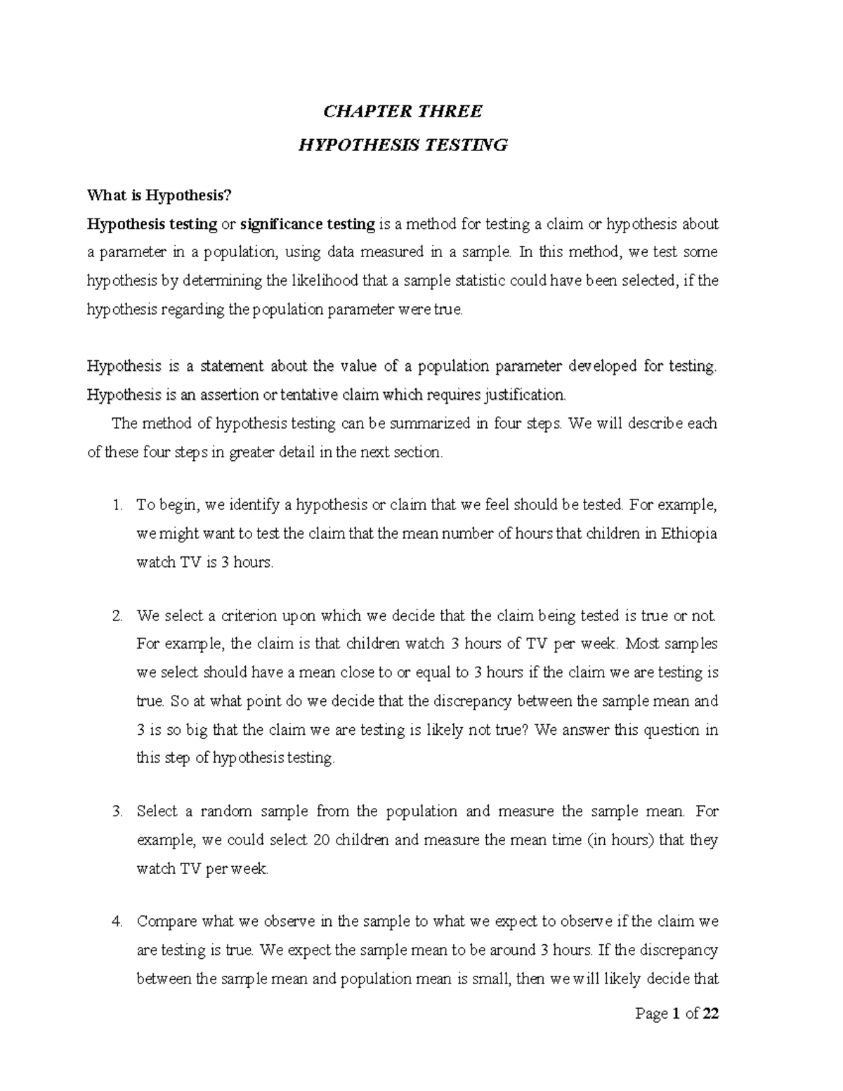 Chapter Three - Statistics for management - CHAPTER-THREE HYPOTHESIS ...