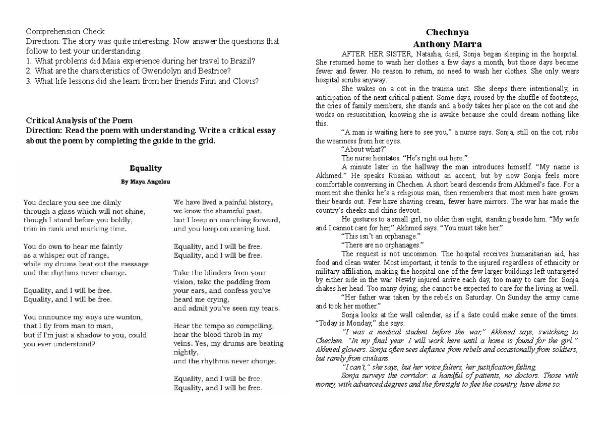 Comprehension Check & Critical Analysis: Reading Material for ENG101 ...