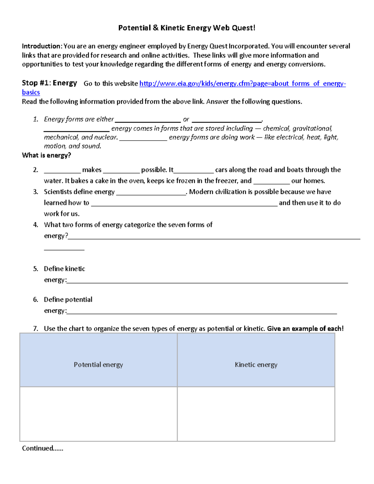 Potential & Kinetic Energy Web Quest (Energy Engineering Activities ...