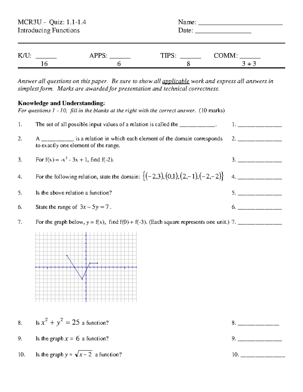 MCR3U - Functions Practice Quiz 1: Questions 1-13 - Studocu