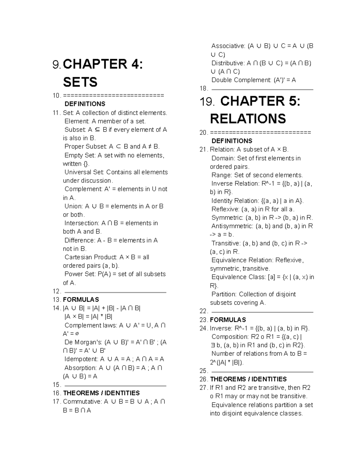 Chapter 4 & 5: Sets & Relations Definitions and Identities - Studocu