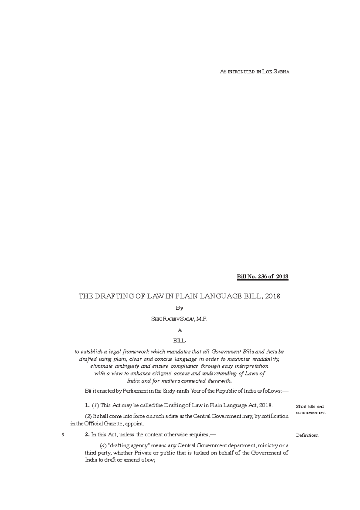 Plain Language Movement in India: Law Drafting Bill 2018 Overview - Studocu