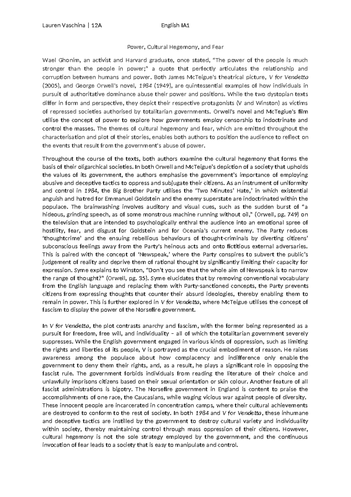 IA1 Analytical Essay: Power, Hegemony, and Fear in 1984 & V for ...