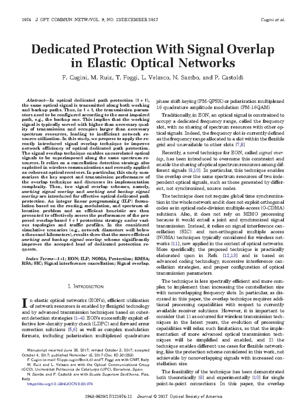 1074 J. OPT. COMMUN. 9, NO. 2017 - Signal Overlap for 1:1 Protection in ...
