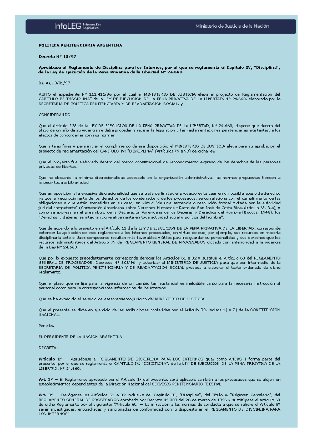 Reglamento de Disciplina para Internos - Ley 24.660 (Decreto N° 18/97 ...
