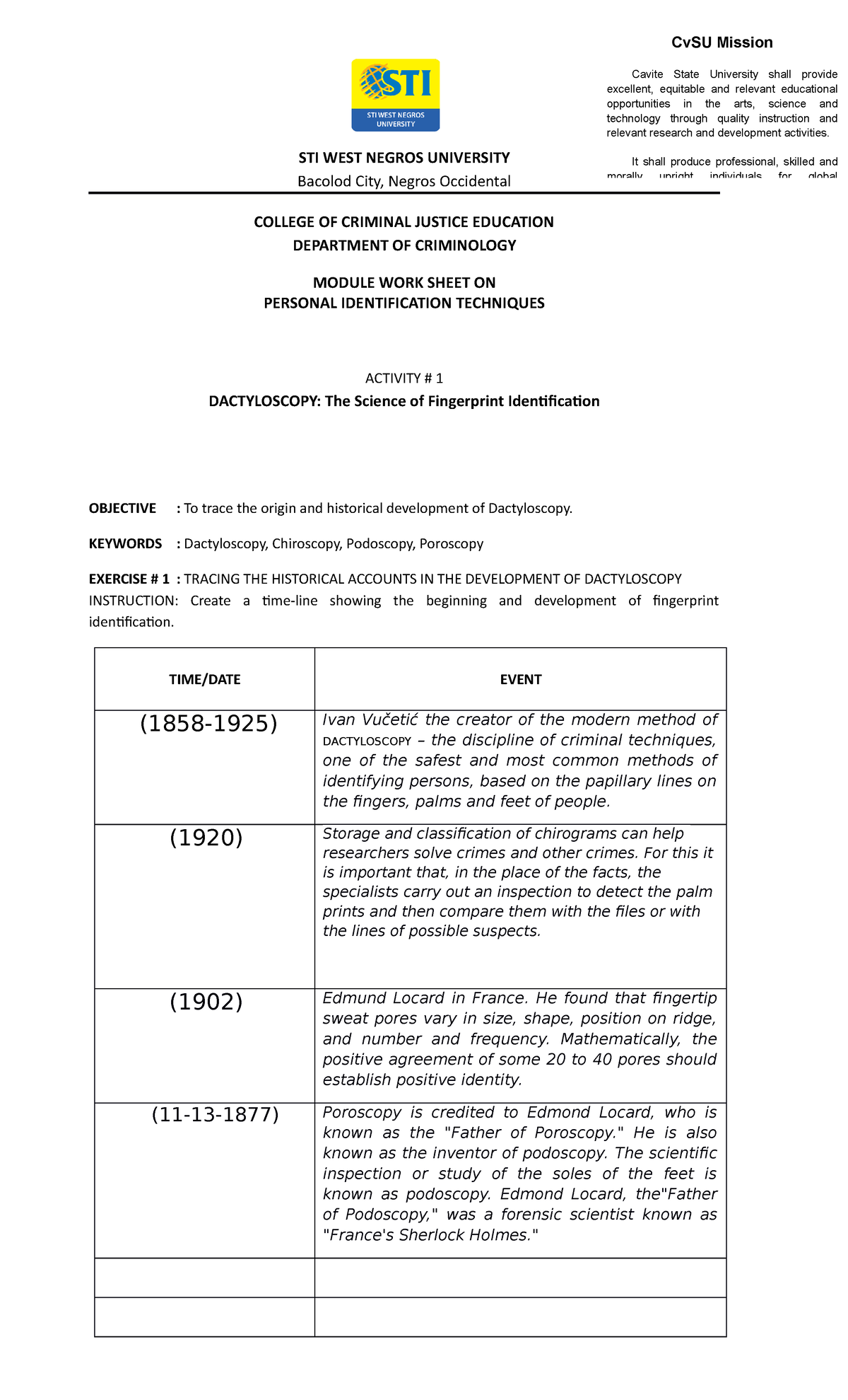 Module Worksheet on Dactyloscopy: Activity # 1 - Personal ...