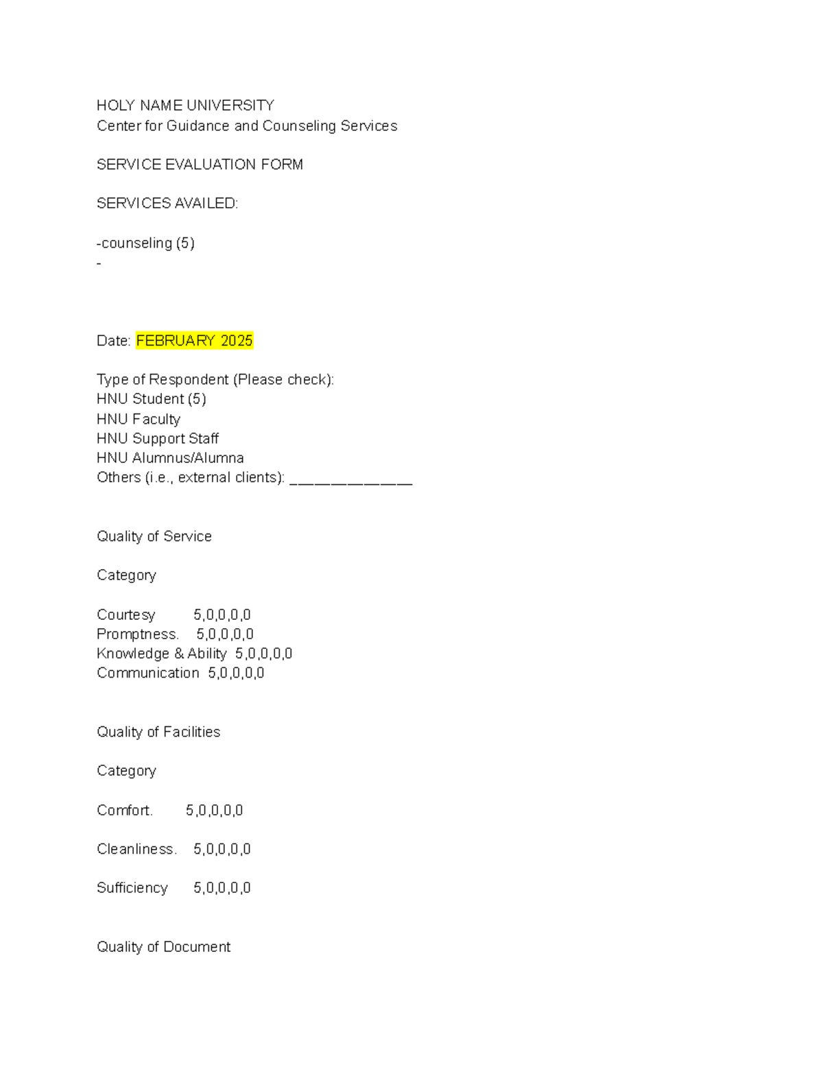 HNU Counseling Services Evaluation Form: Jan - Jul 2025 - Studocu