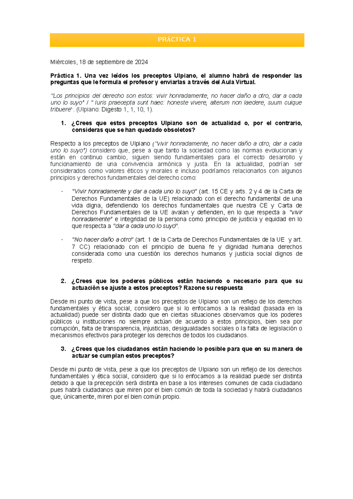 Práctica 1: Reflexiones sobre los Preceptos de Ulpiano en Derecho ...