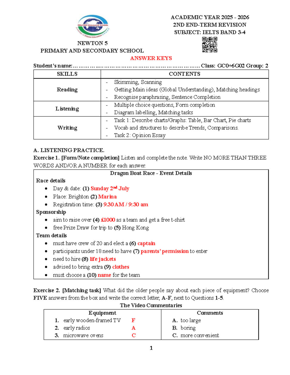 IELTS Band Revision Keys for Group 2 - Mindset 1+ Writing E2 - Studocu