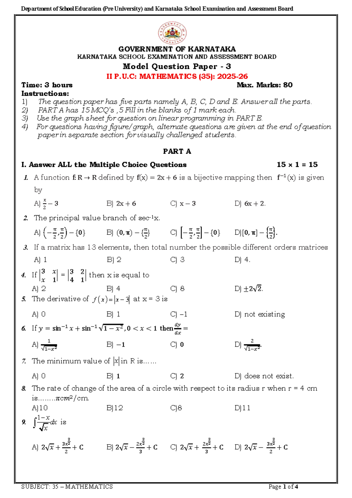 Mathematics Model Question Paper II P.U.C: Final Exam (35 Marks) - Studocu