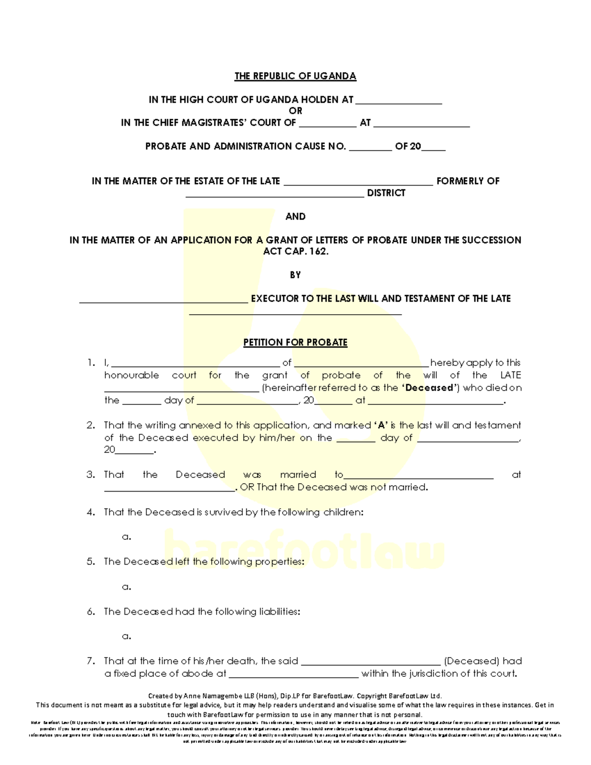 Application for Grant of Letters of Probate - Legal Document - Studocu