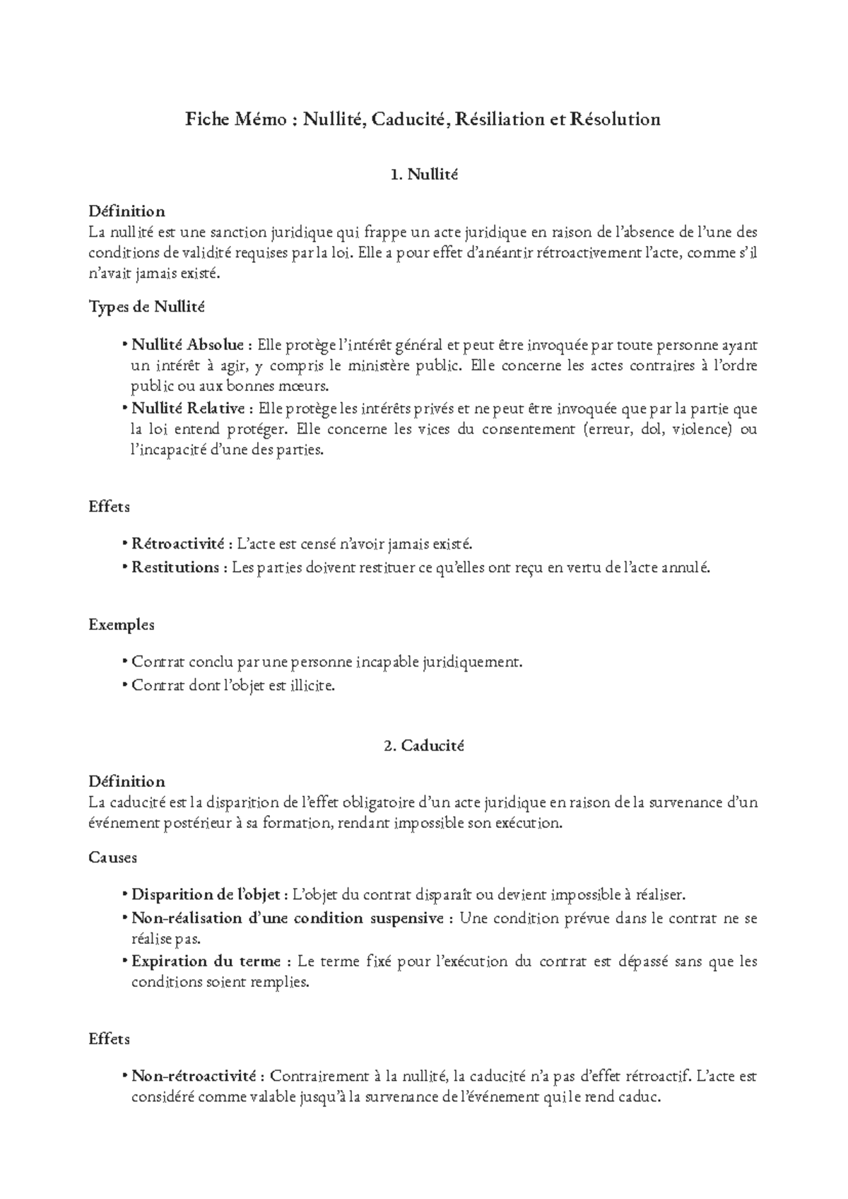 Fiche Mémo : Nullité, Caducité, Résiliation et Résolution en Droit ...