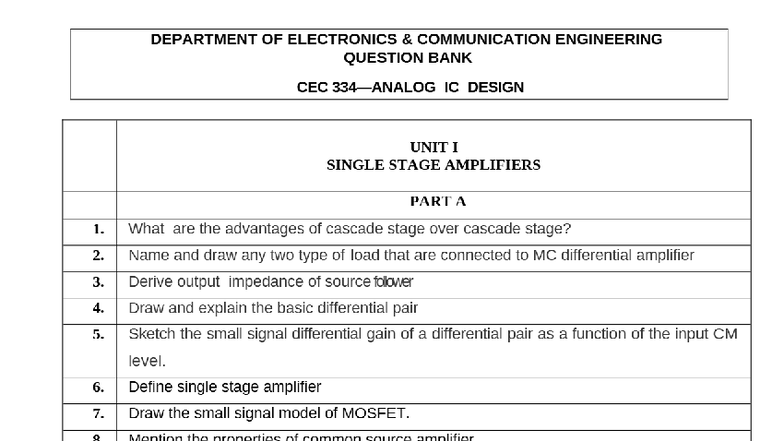 CEC IC DESIGN QUESTION BANK: SINGLE STAGE AMPLIFIERS & NOISE ...
