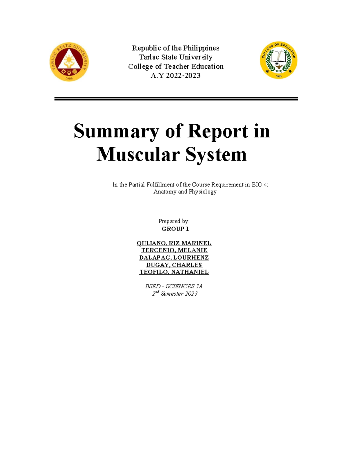 BIO 4: Anatomy and Physiology - Muscular System Summary Report - Studocu