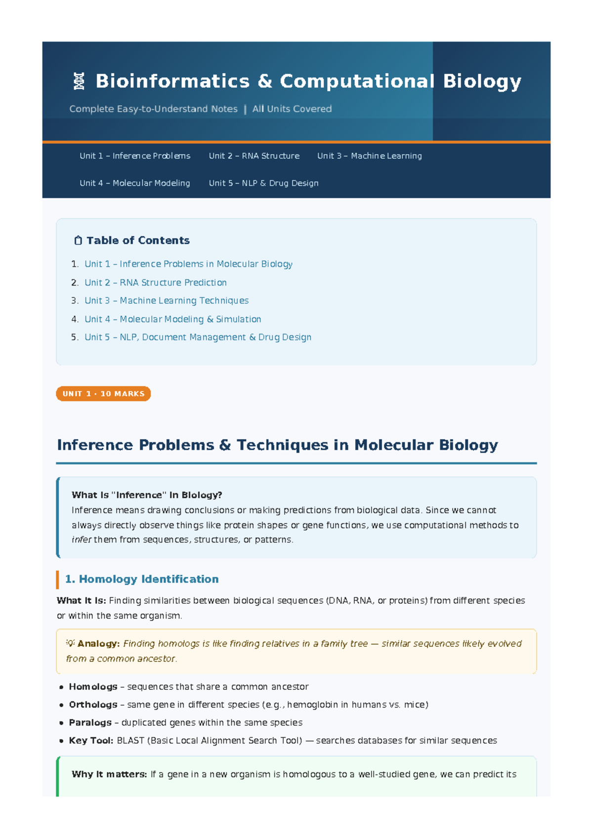 Bioinformatics (BIO101) Complete Study Notes: Units 1-5 Overview - Studocu