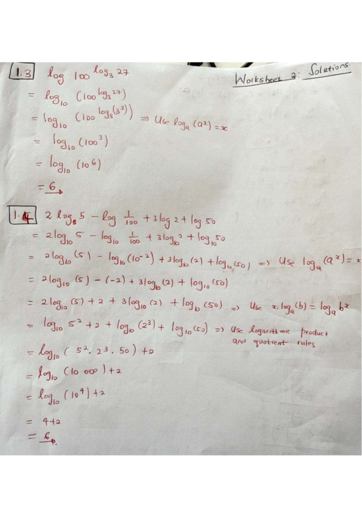 Maths 130 SI Worksheet 2: Logarithmic Solutions and Concepts - Studocu