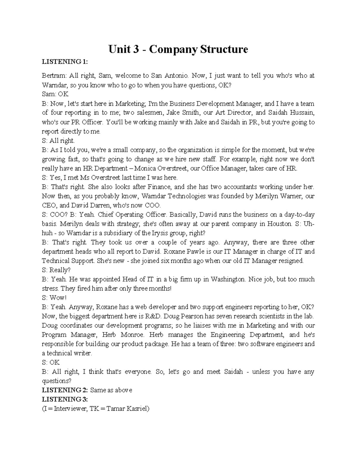 Unit 3: Company Structure Overview - Transcript & Scripts - Studocu