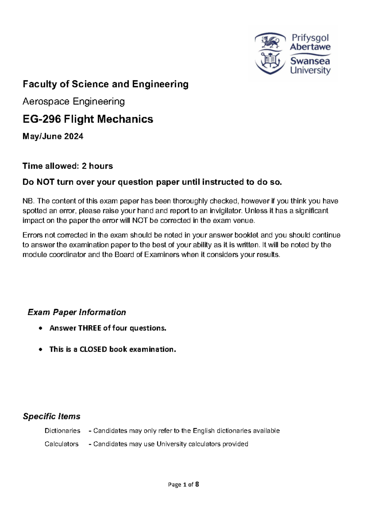 EG-296 Flight Mechanics Exam Paper 2024: Time Allowed 2 Hours - Studocu