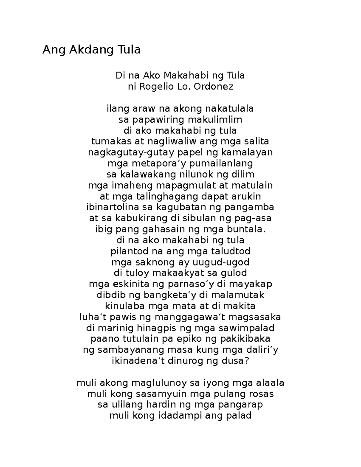 Pagsusuri ng Tula: "Di na Ako Makahabi ng Tula" - ARTS 101 - Studocu