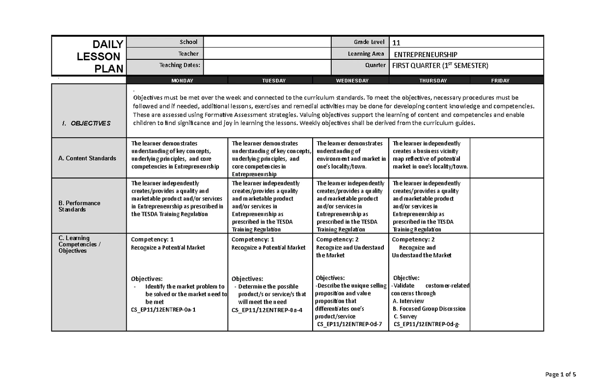 Week 11-12 Applied Entrep - GRADES 1 TO 12 DAILY LESSON LOG School MARY ...