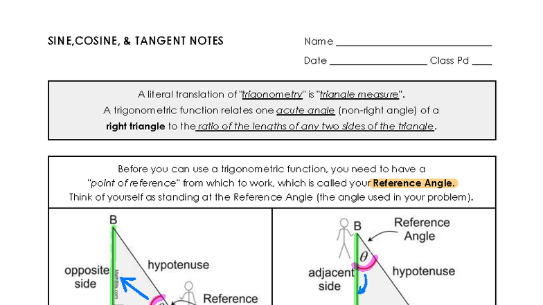 SINE, COSINE, & TANGENT NOTES (Trigonometry) - Studocu