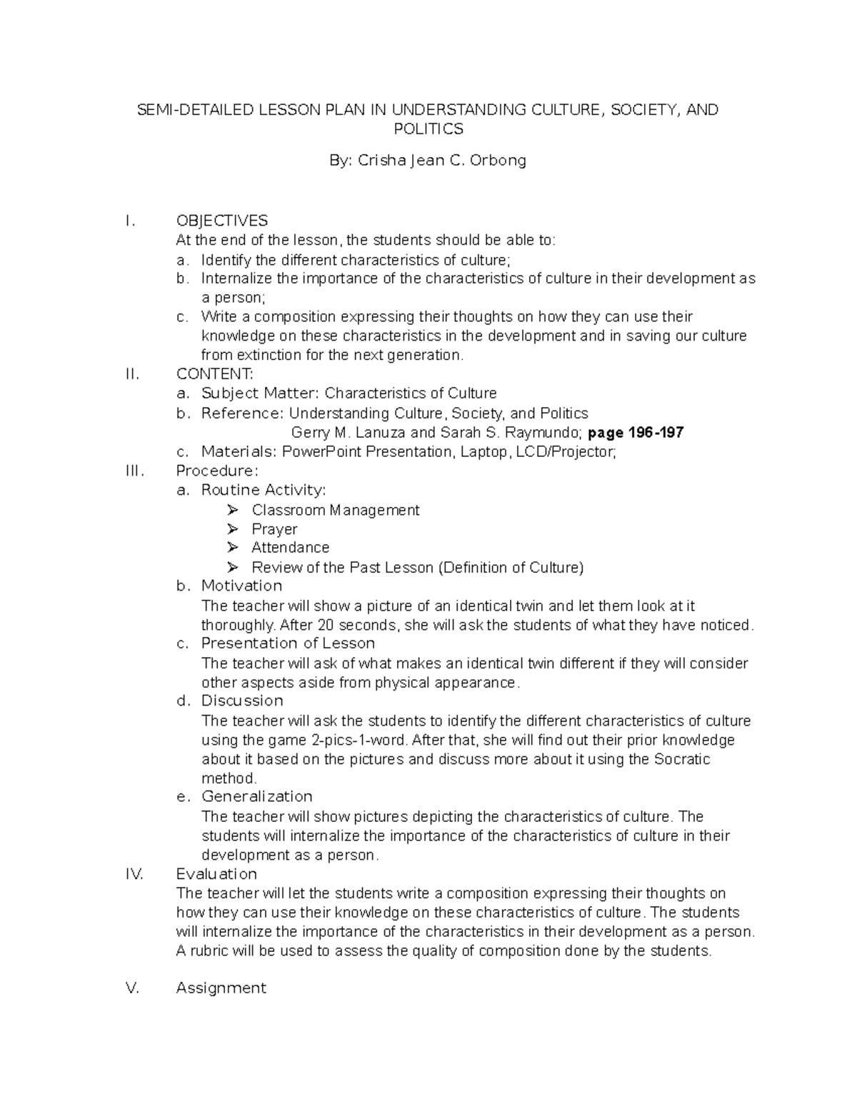 Semi-Detailed Lesson Plan on Culture, Society, and Politics (CSP) - Studocu