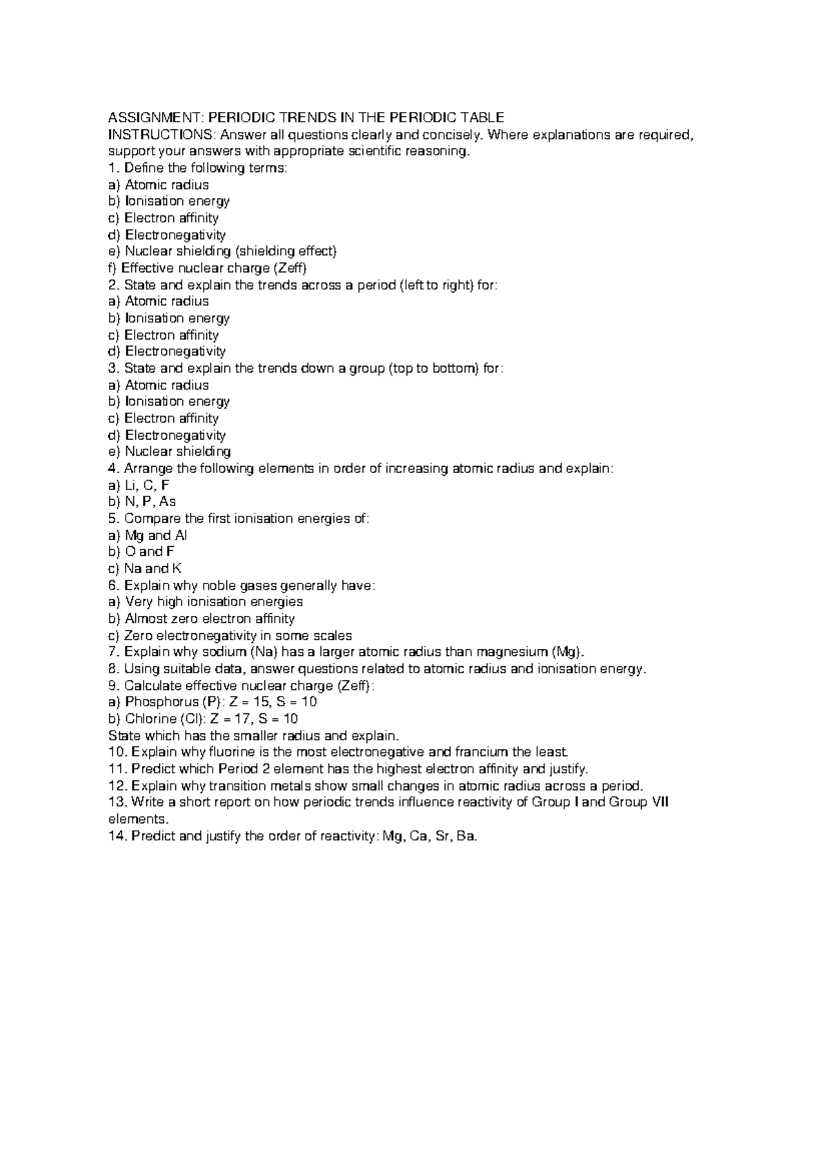 Chem 101: Assignment on Periodic Trends in the Periodic Table - Studocu