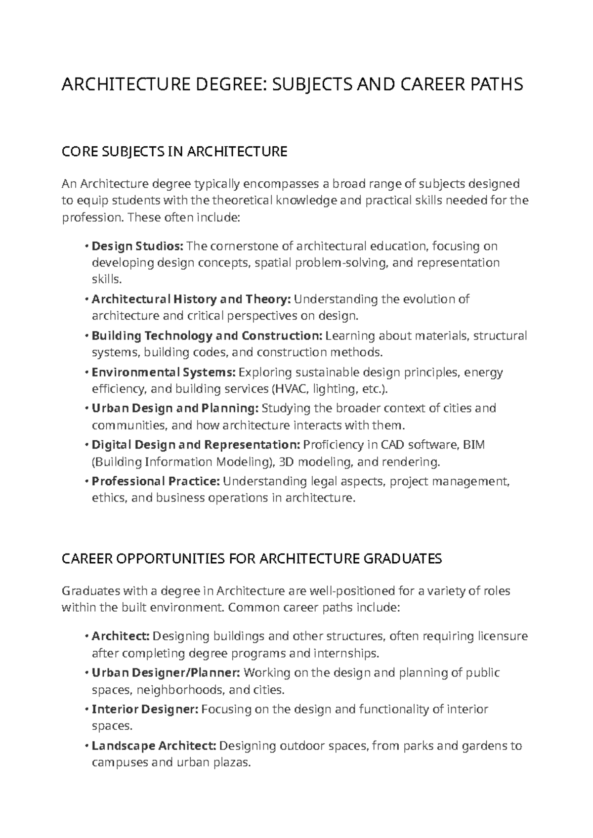 ARCH 101: Core Subjects and Career Paths in Architecture - Studocu