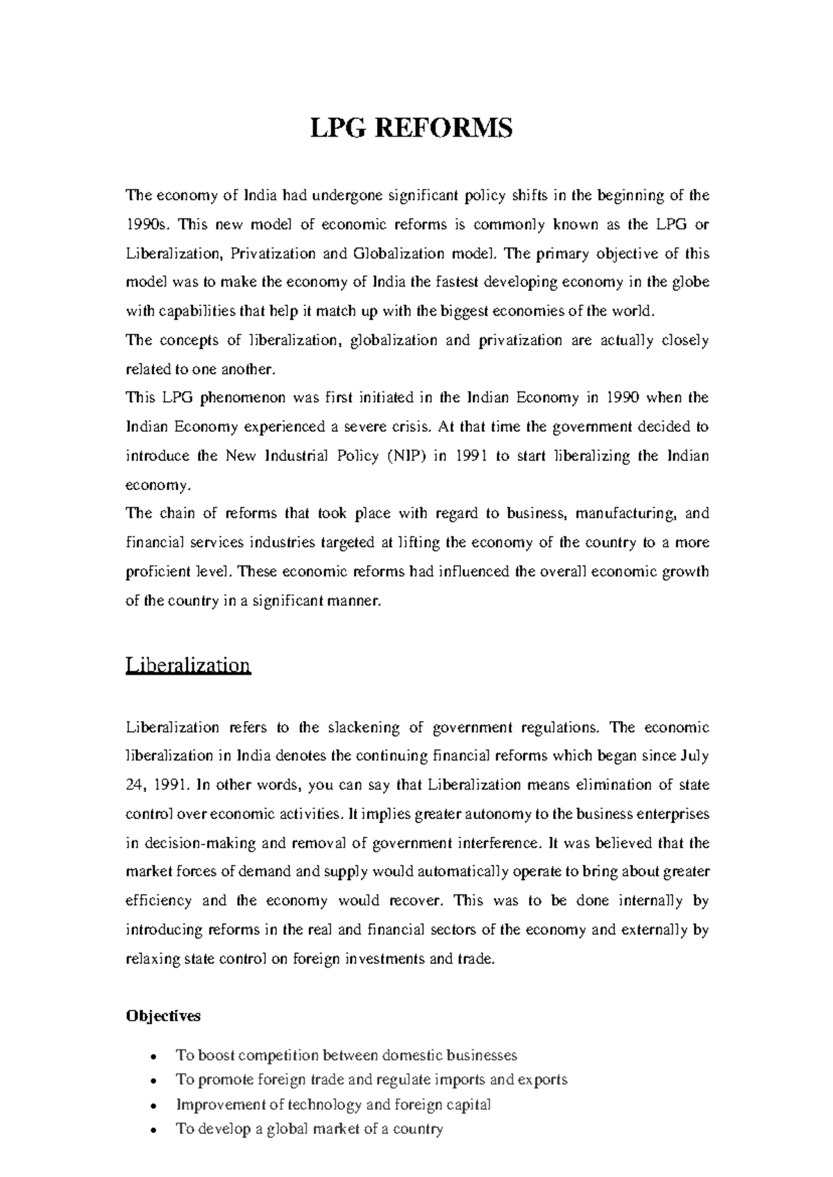 LPG Reforms: An In-depth Analysis of 1991 Economic Policies - Studocu