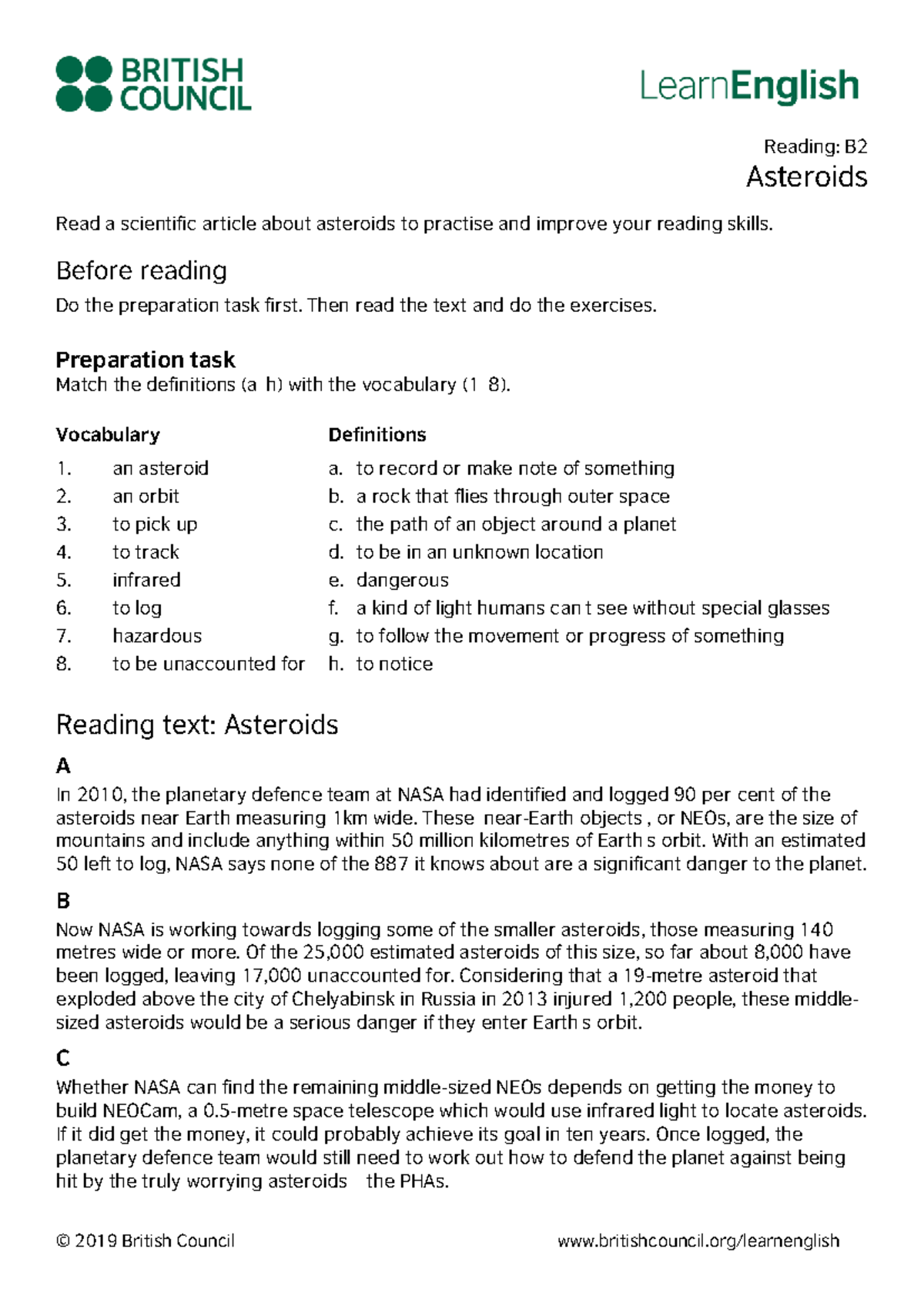 Reading: B2 Asteroids - Improve Your Skills with NASA's Findings - Studocu
