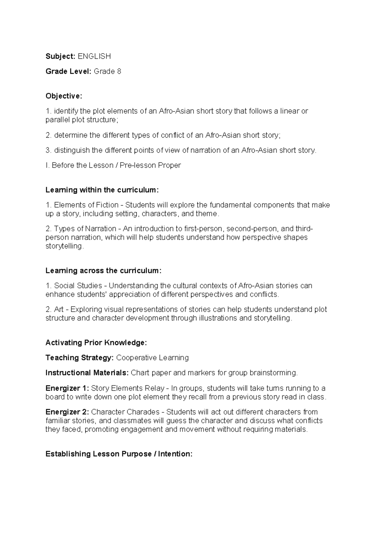 Lesson Plan: Analyzing Short Stories in ENGLISH Grade 8 - Studocu