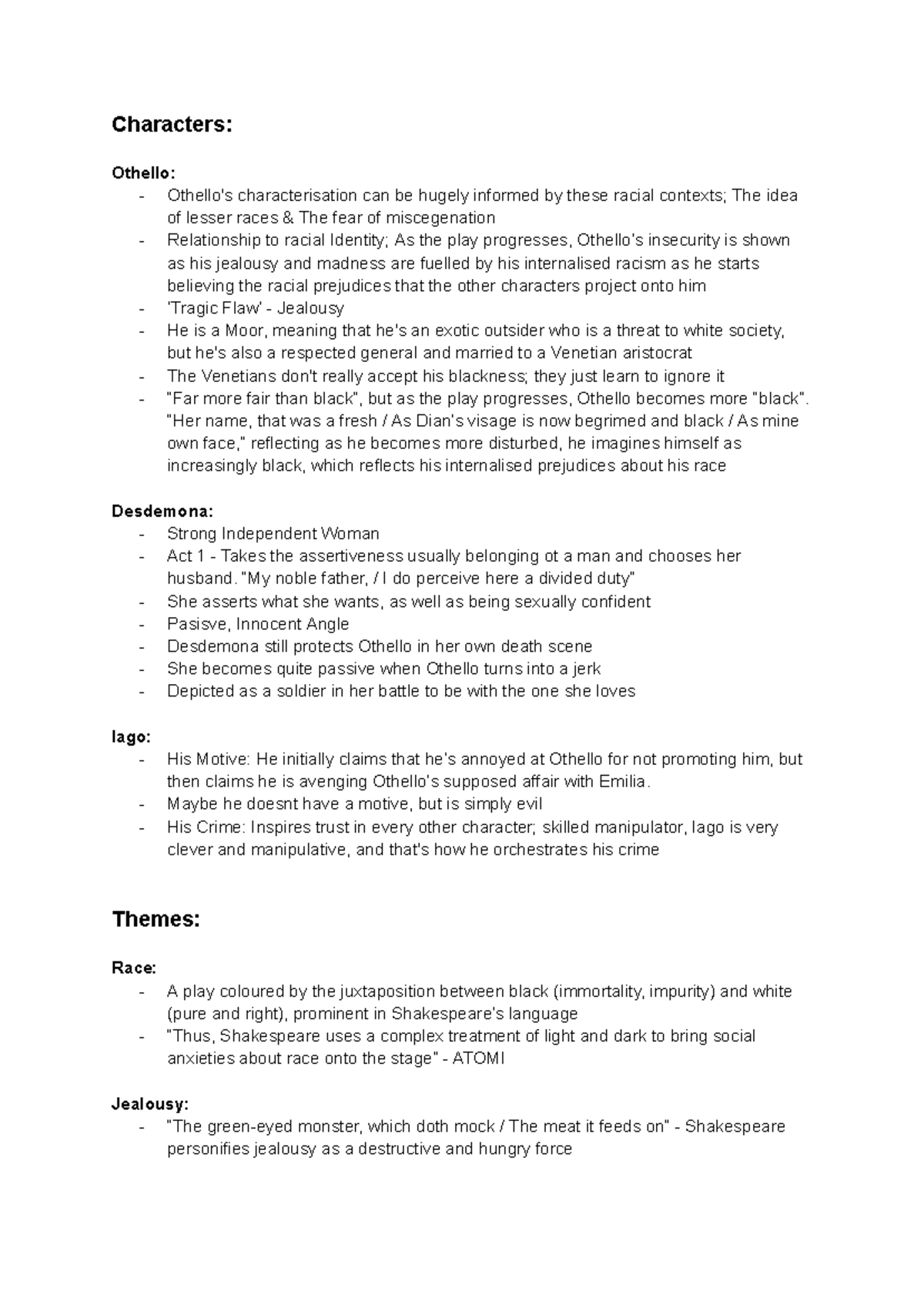Othello Character Analysis: Themes of Race and Jealousy in ATOMI - Studocu