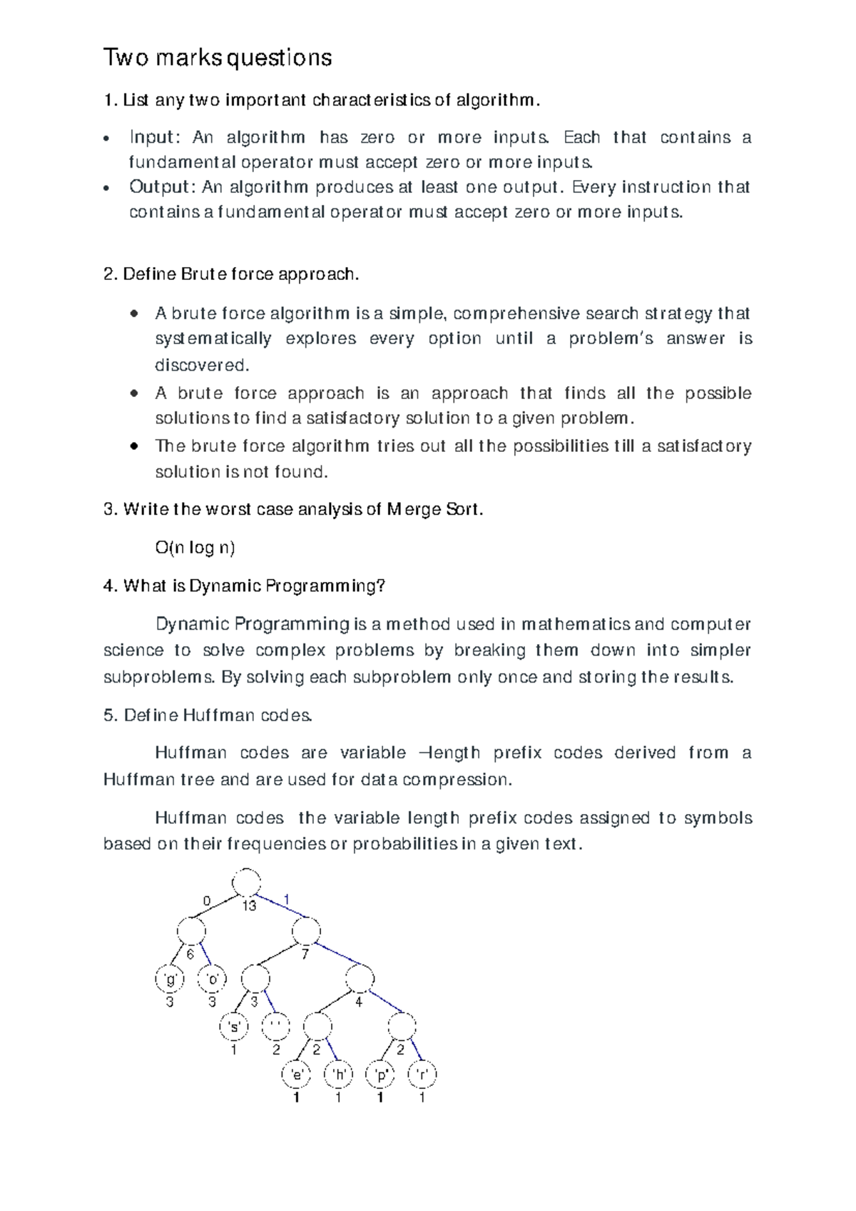Two Marks Questions - Algorithm Concepts and Techniques (CS101) - Studocu