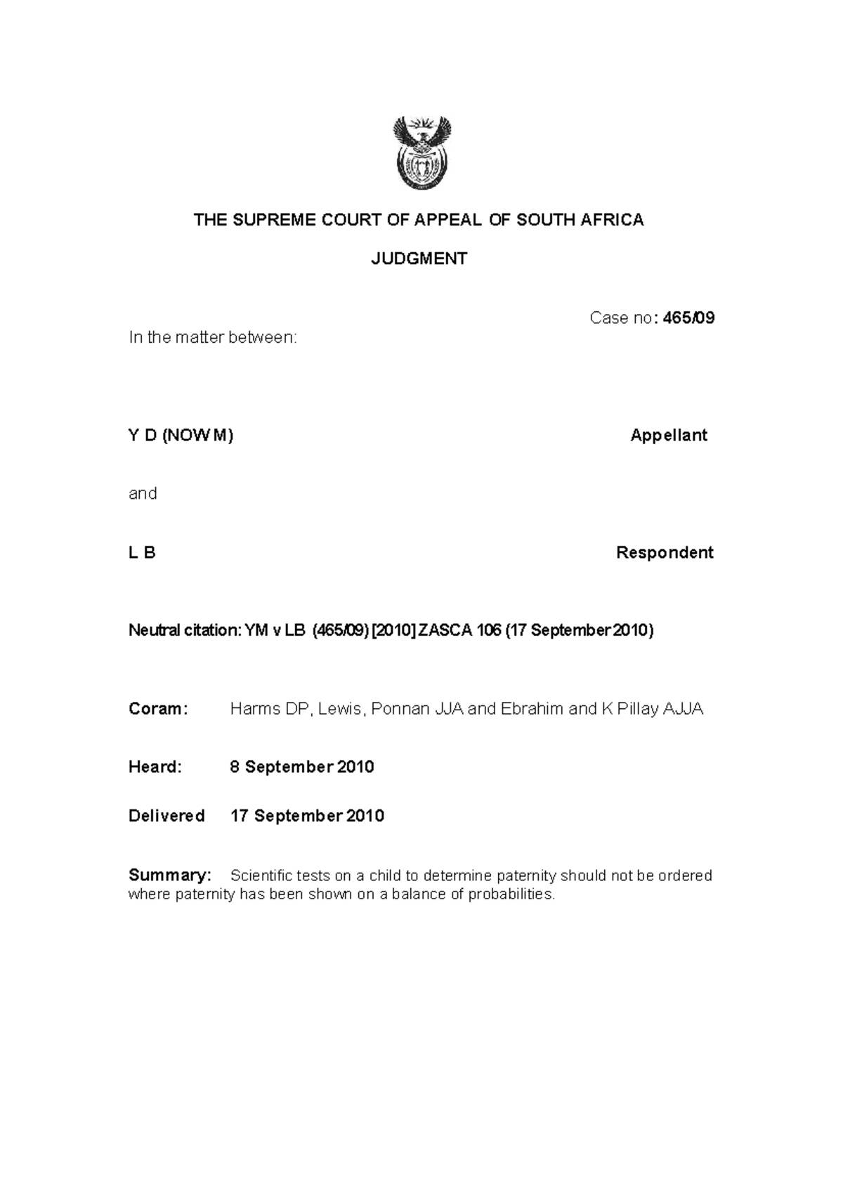 Judgment in YM v LB (465/09) - Paternity Appeal - Studocu