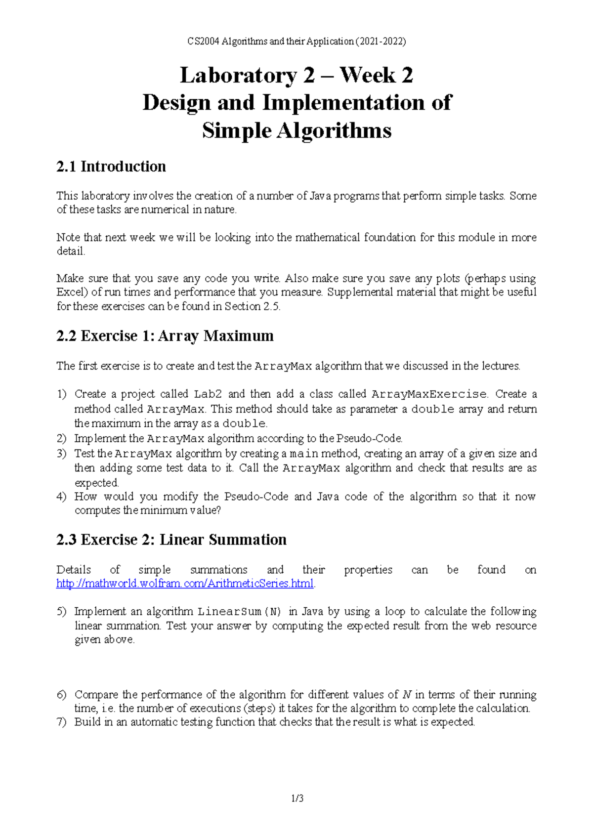 Lab 2 - Simple Algorithms (2020-2021) - CS2004 Algorithms and their ...