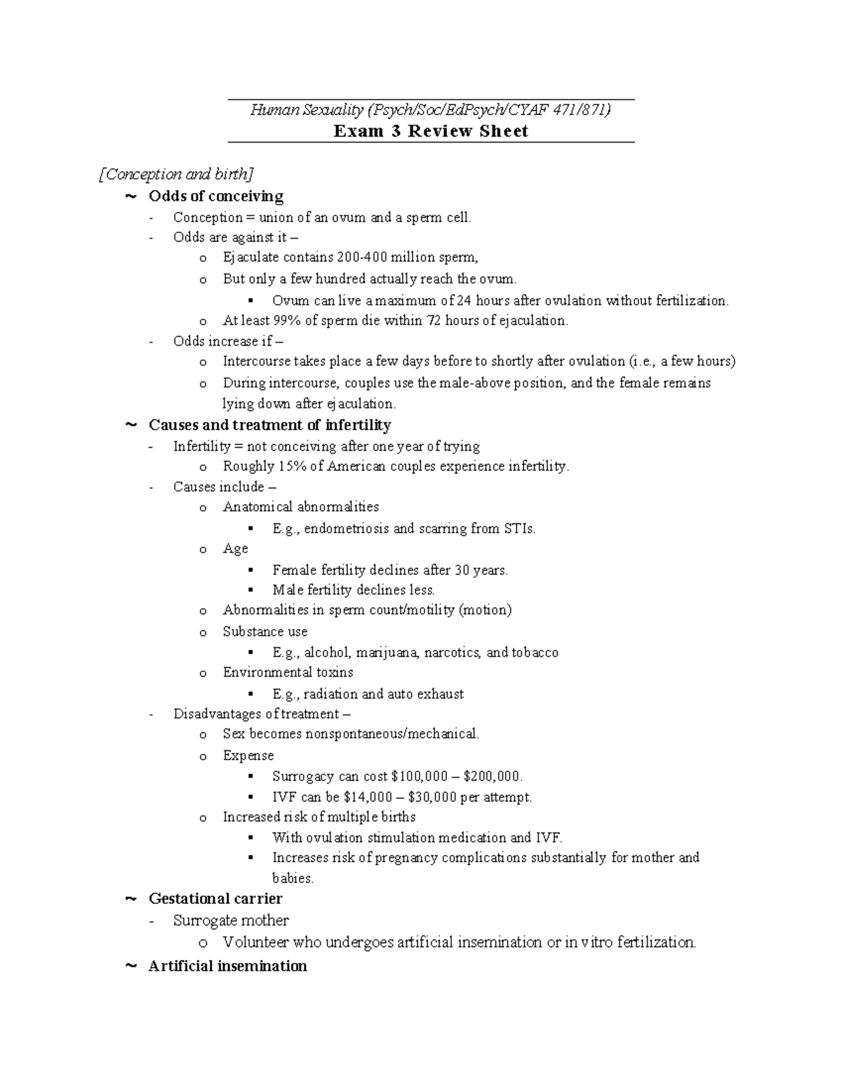 Human Sexuality Exam 3 Review Sheet (Psych/Soc/EdPsych/CYAF 471/871 ...