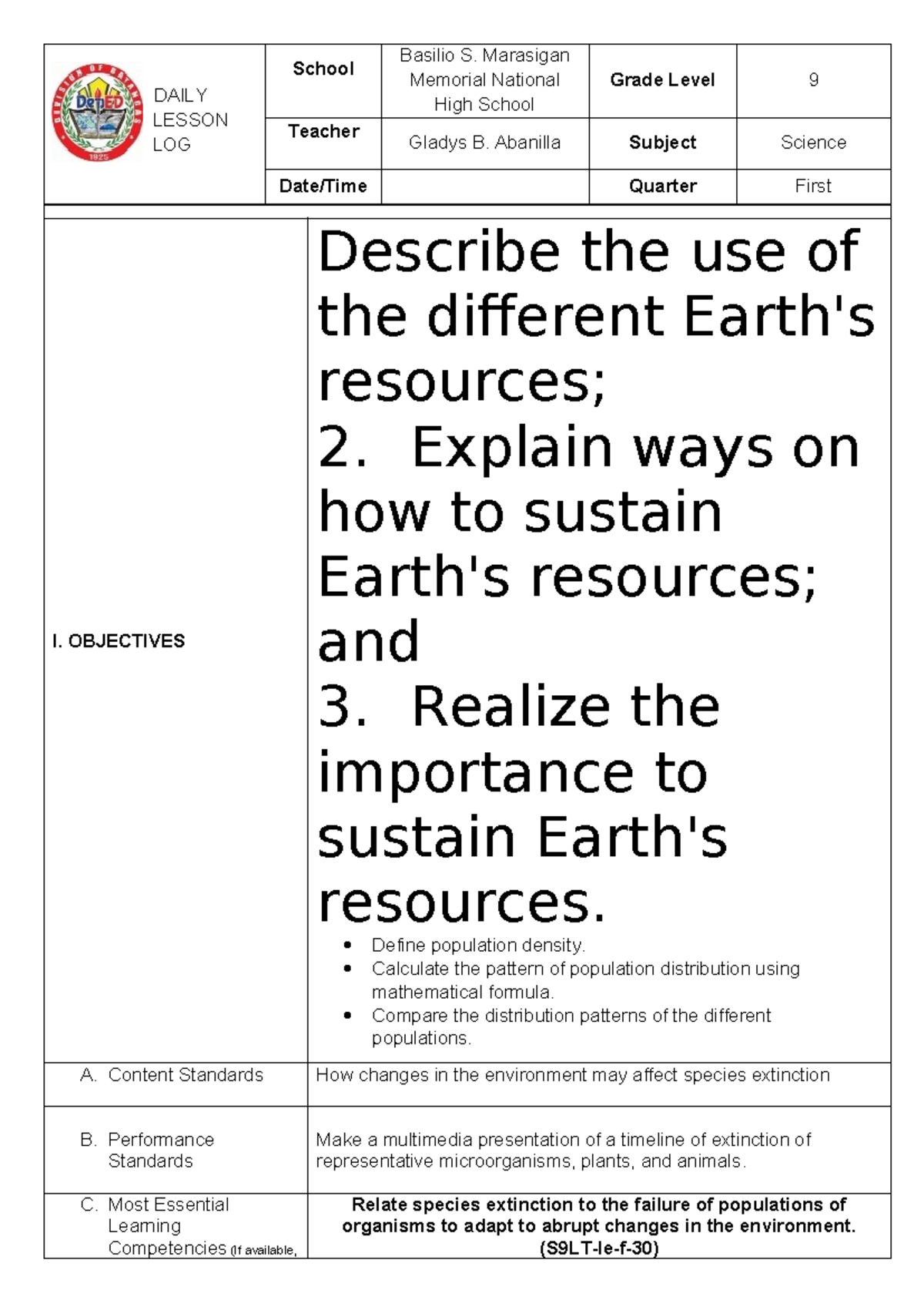 Lesson Plan 9: Understanding Earth's Resources and Population Density ...