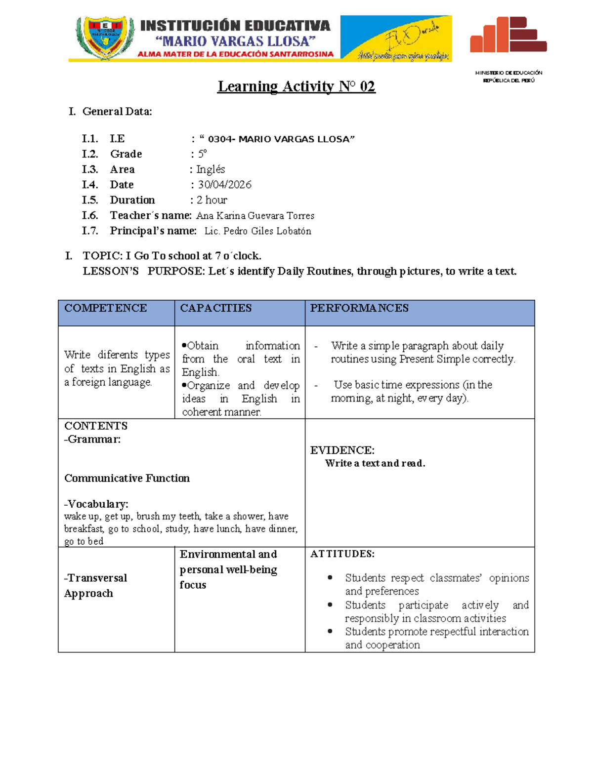 Learning Activity 02: Daily Routines in English for Grade 5 - Studocu