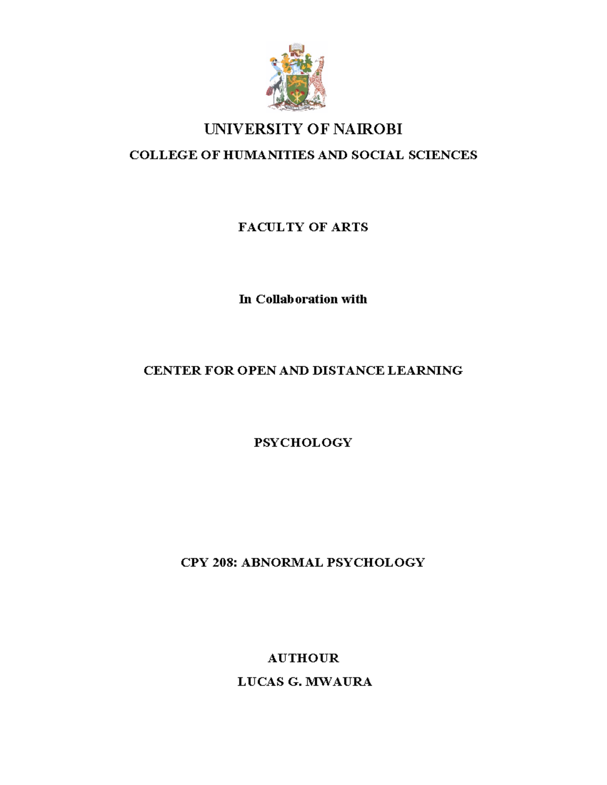 CPY 208 Introduction to Abnormal Psychology - UNIVERSITY OF NAIROBI COLLEGE OF HUMANITIES AND ...
