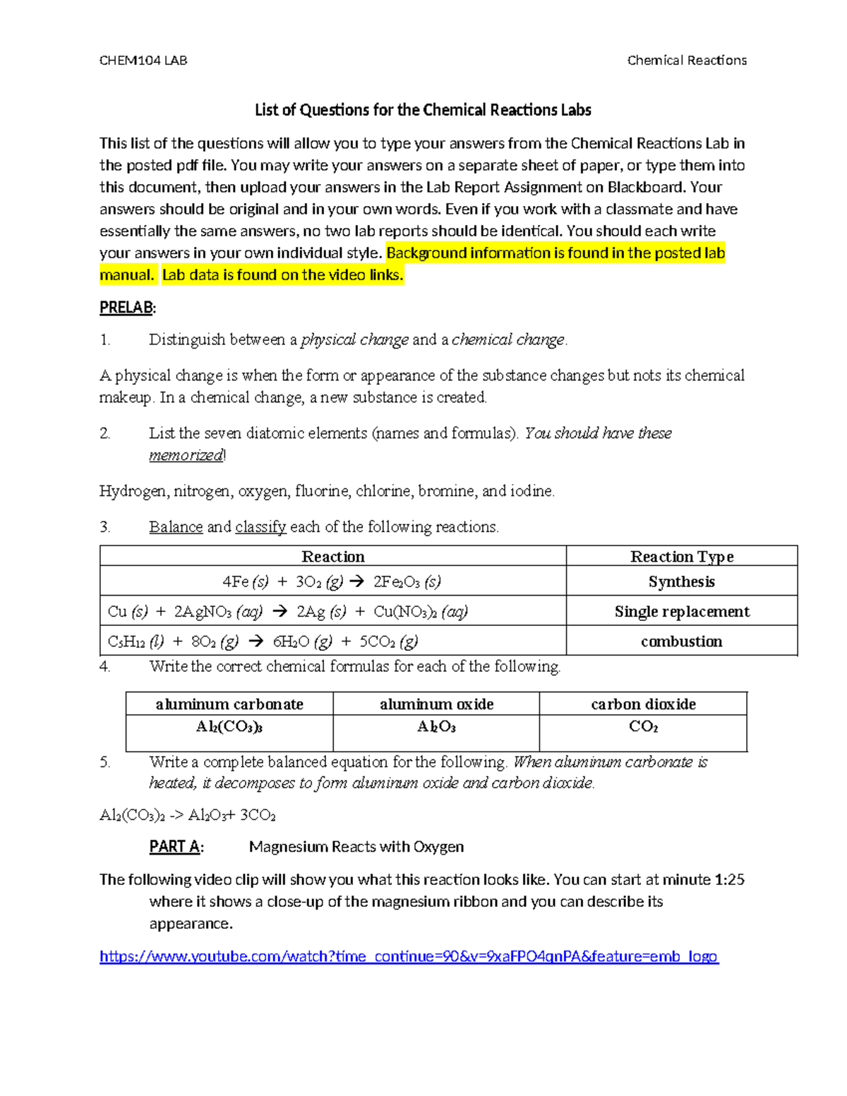 CHEM104 Lab #5 Chemical Reactions Lab Report Questions Fall 2020 - Studocu