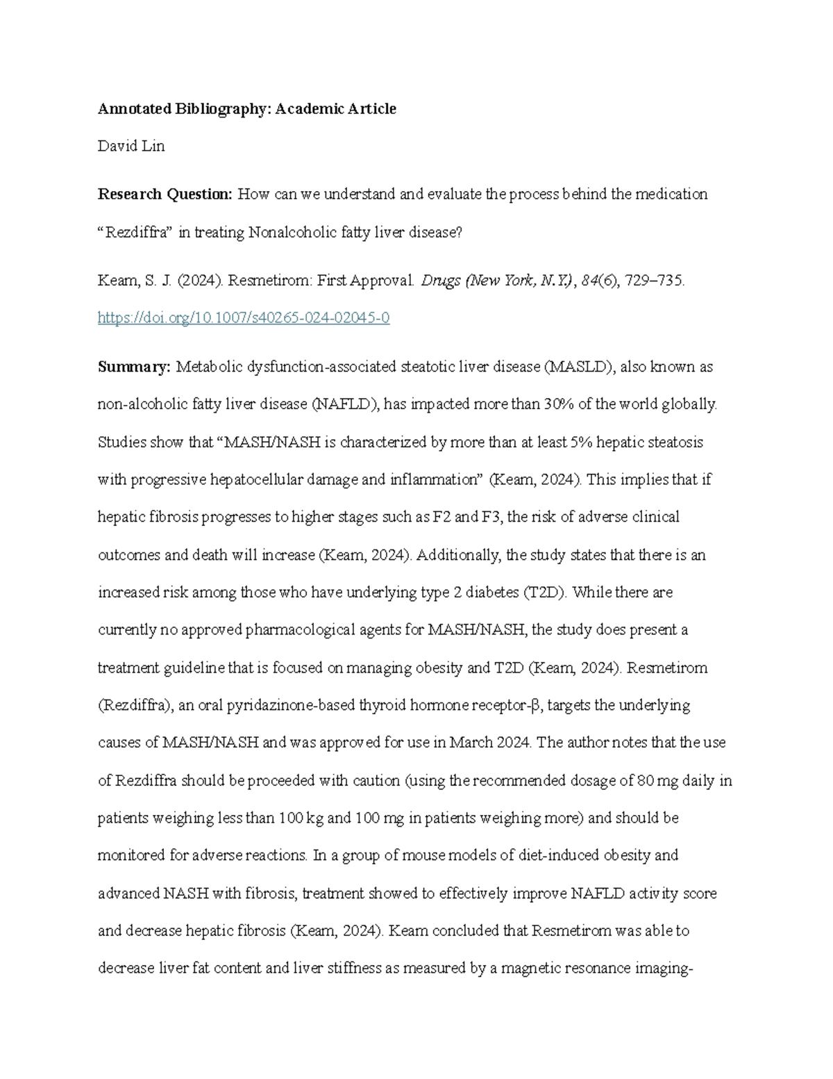 Annotated Bibliography: Resmetirom in NAFLD Treatment (Course Code ...