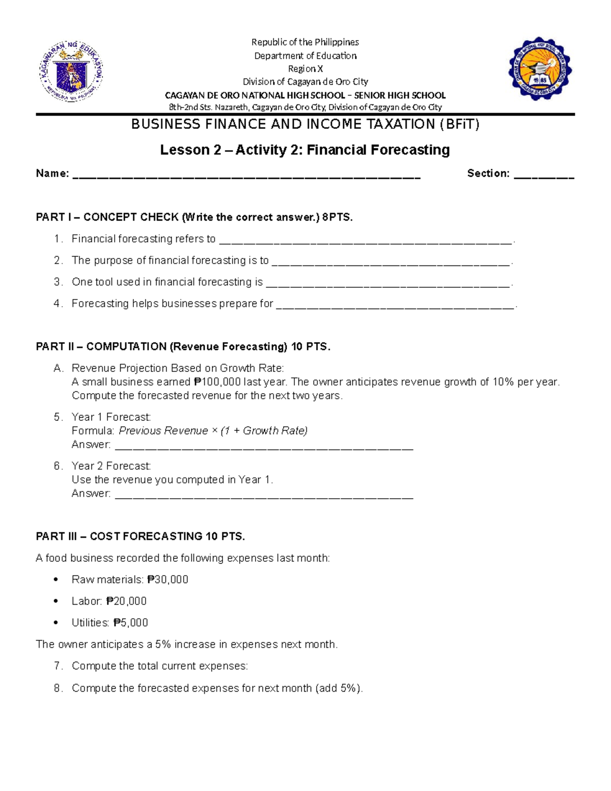 BFiT Lesson 2 Activity 2: Financial Forecasting - Final Exam - Studocu
