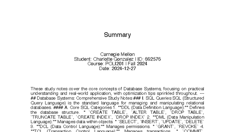 POLI201 Fall 2024: Database Systems Study Notes and SQL Queries - Studocu