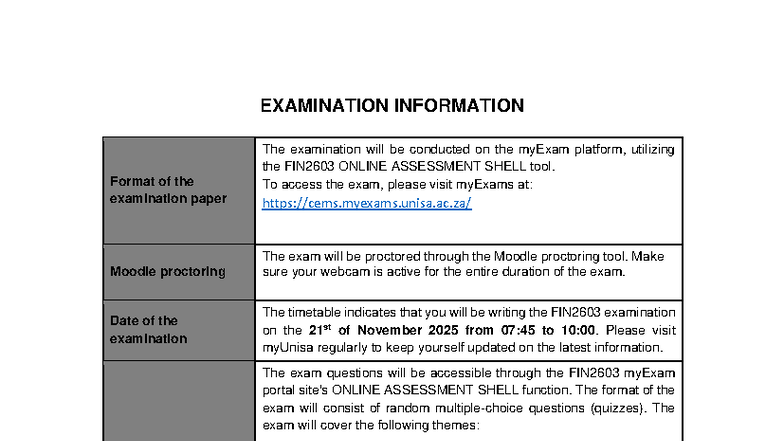FIN2603 Examination Format and Guidelines for Semester 2 2025 - Studocu
