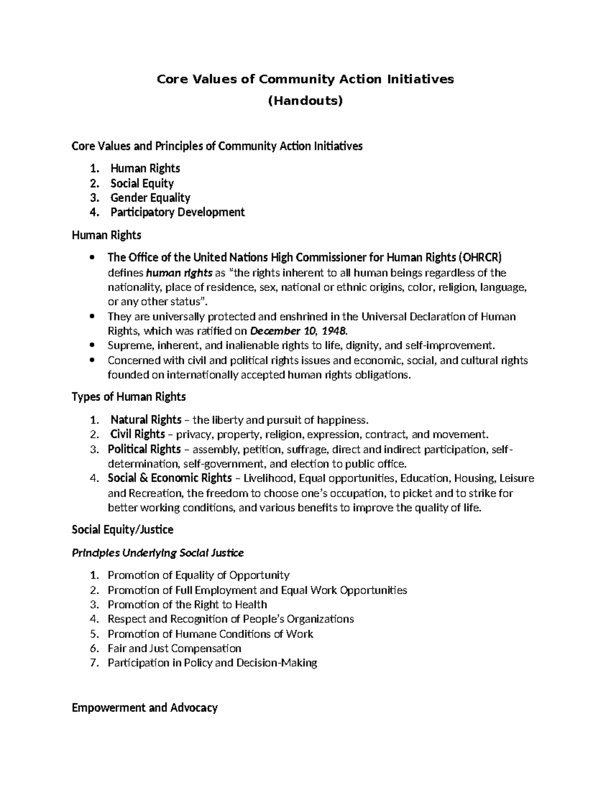 Core Values of Community Action Initiatives (Class Handouts) - Studocu